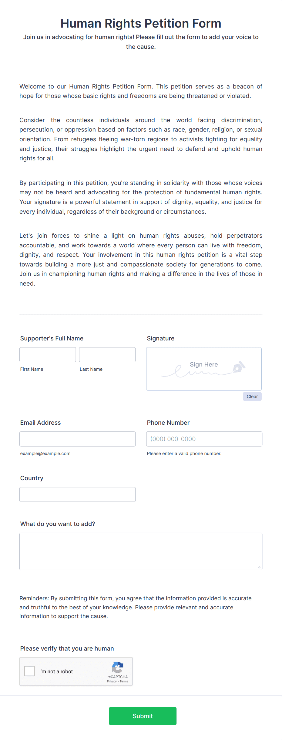 Human Rights Petition Form Template | Jotform