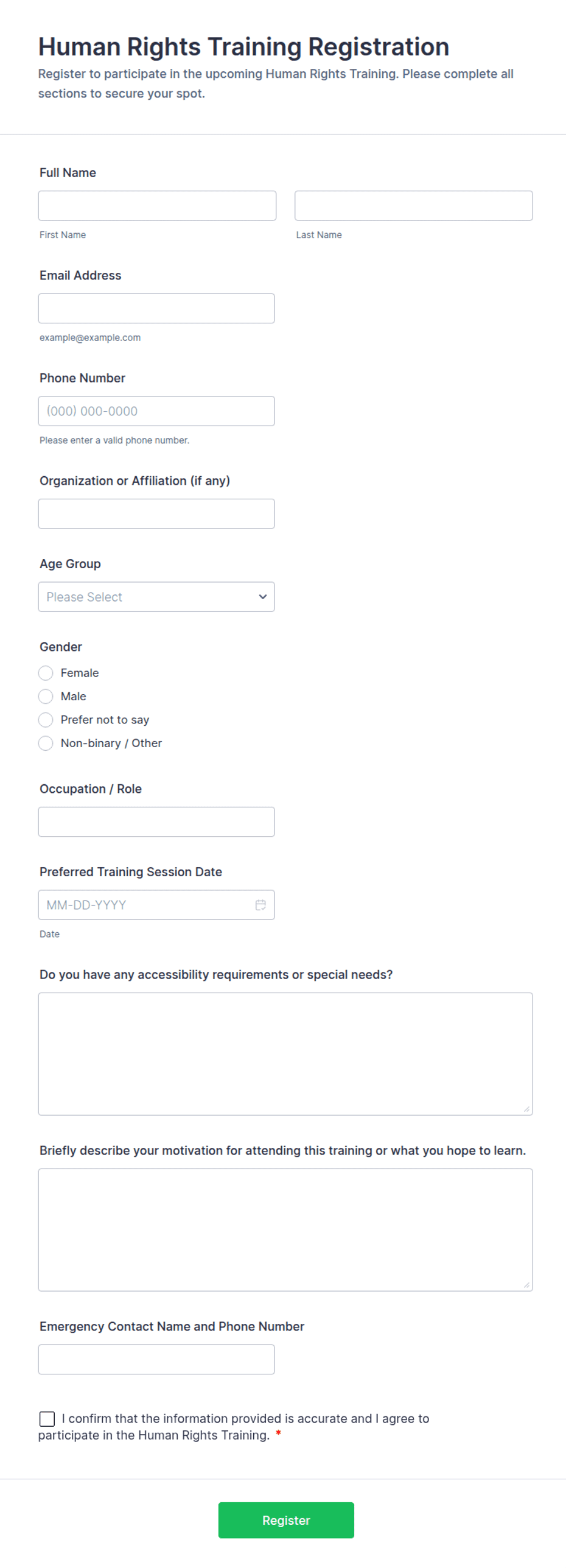 Human Rights Training Registration Form Template | Jotform