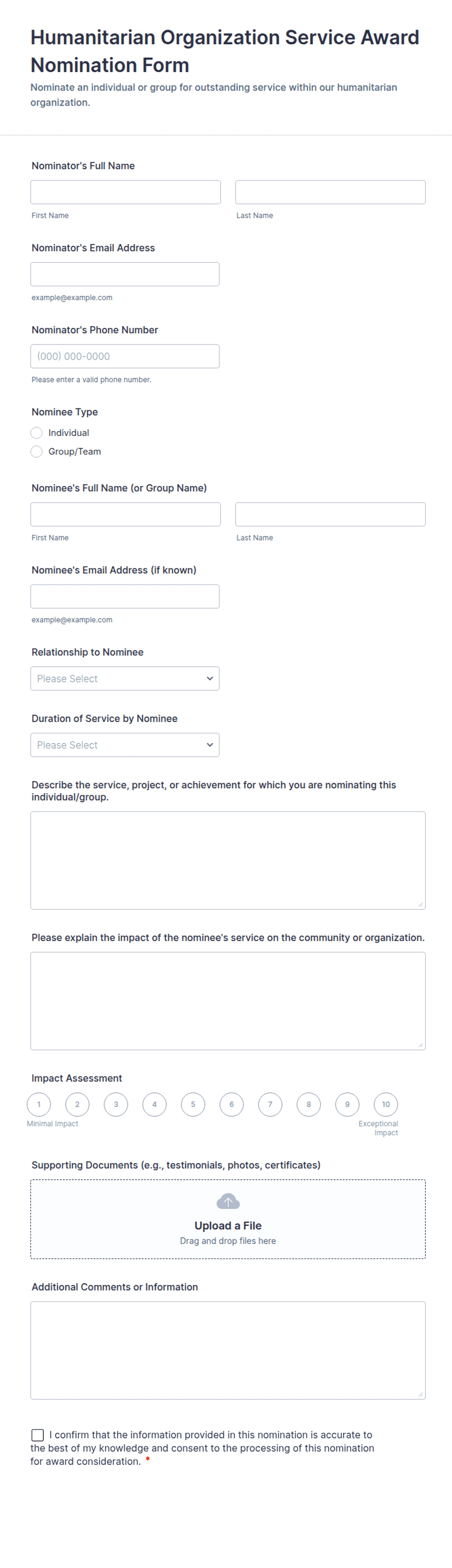 Humanitarian Organization Service Award Nomination Form Template | Jotform