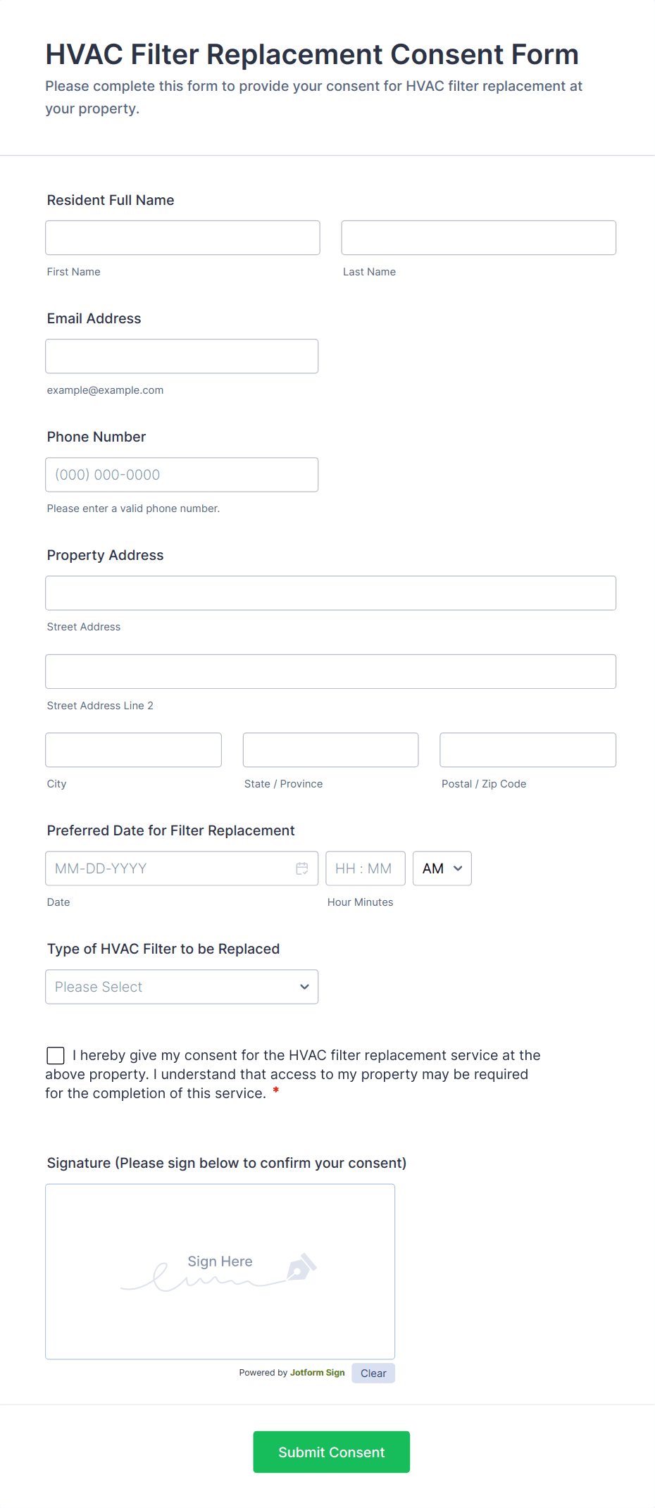 HVAC Filter Replacement Consent Form Template | Jotform