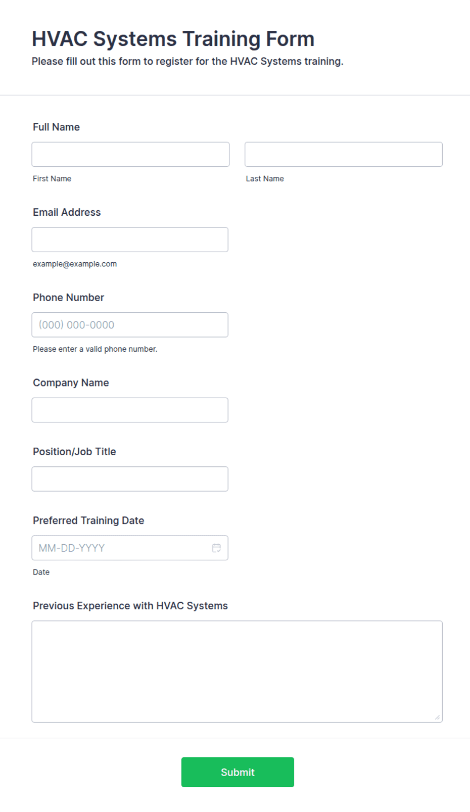HVAC Systems Training Form Template | Jotform