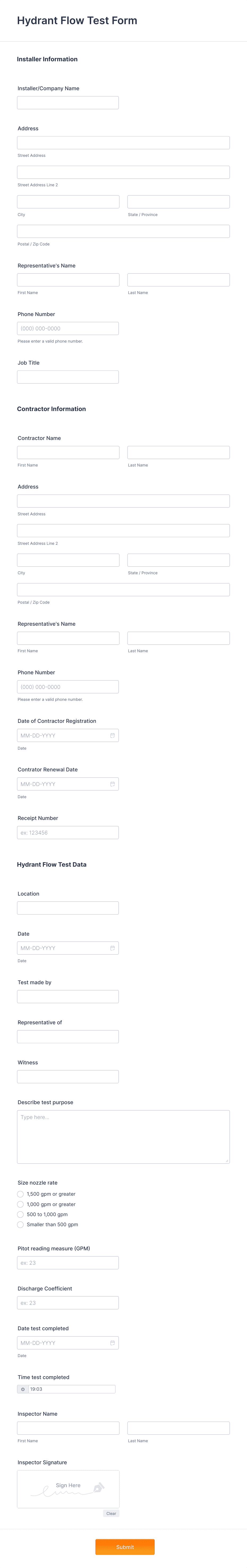 Water Hydrant Flow Test Forms