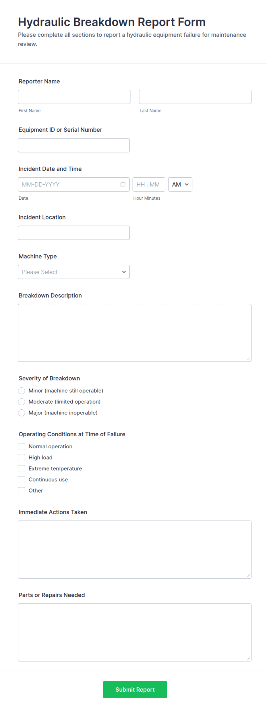 Hydraulic Breakdown Report Form Template | Jotform