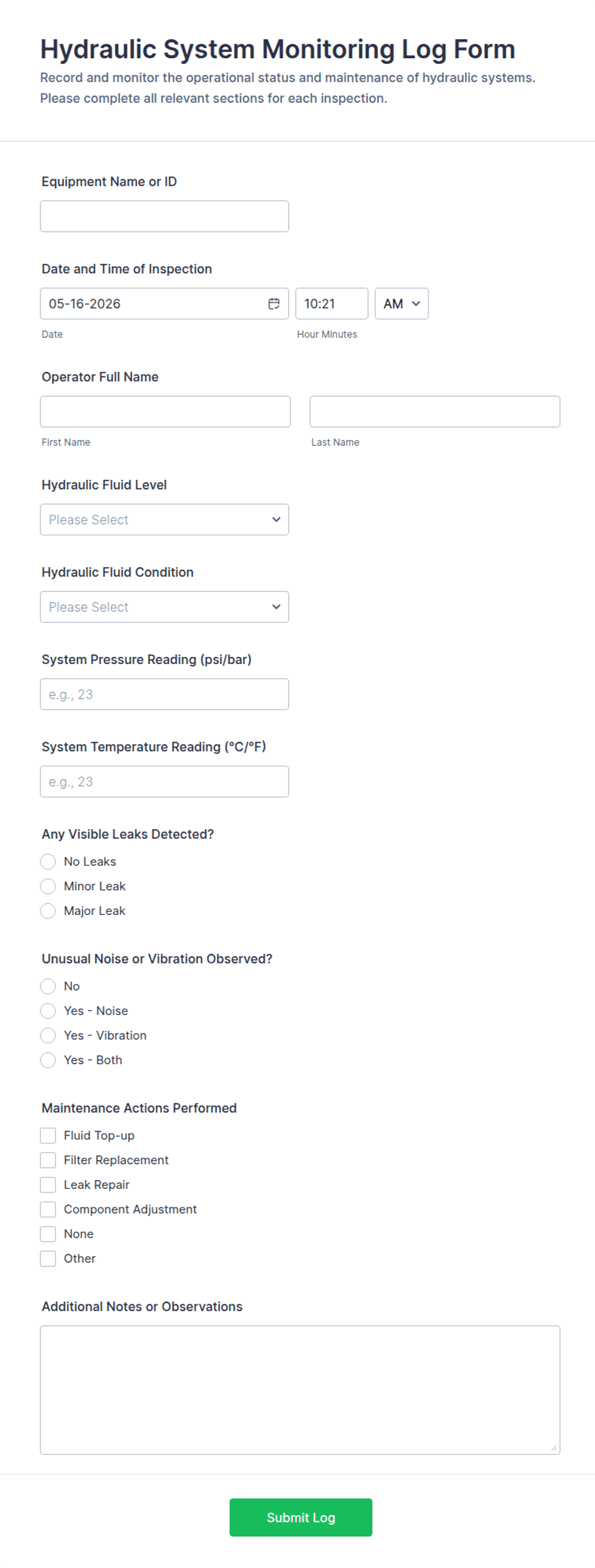 Hydraulic System Monitoring Log Form Template | Jotform