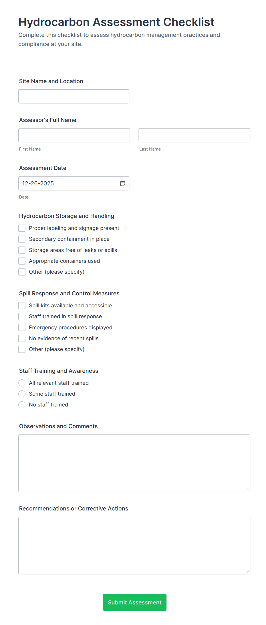 Hydrocarbon Assessment Checklist Form Template | Jotform