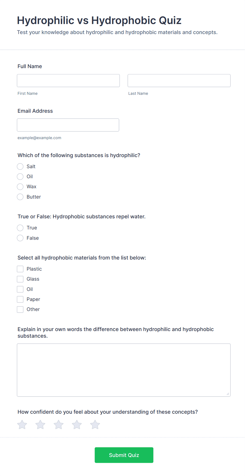 Hydrophilic vs Hydrophobic Quiz Form Template | Jotform