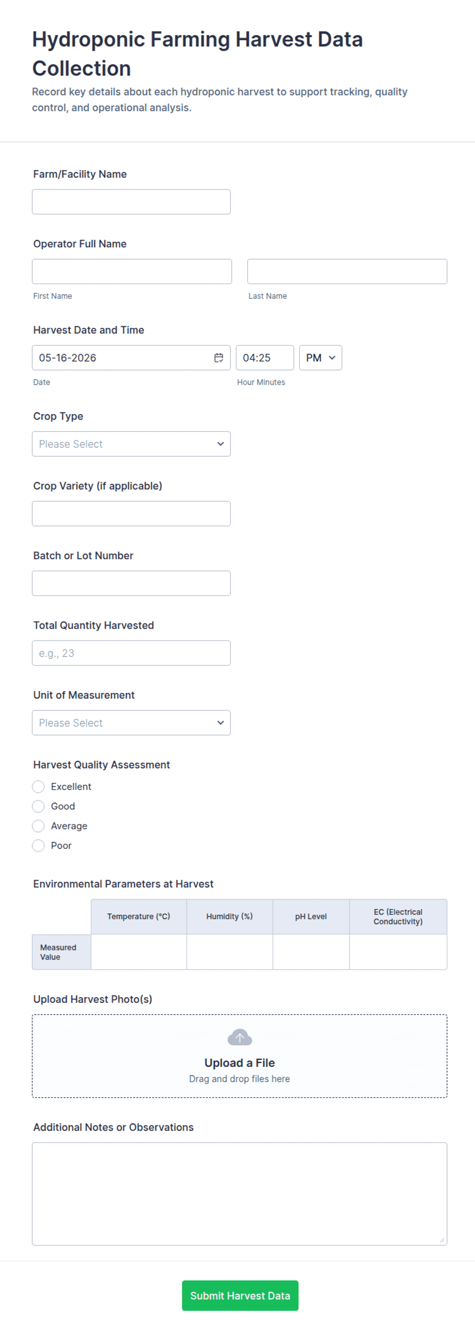 Hydroponic Farming Harvest Data Collection Form Template | Jotform