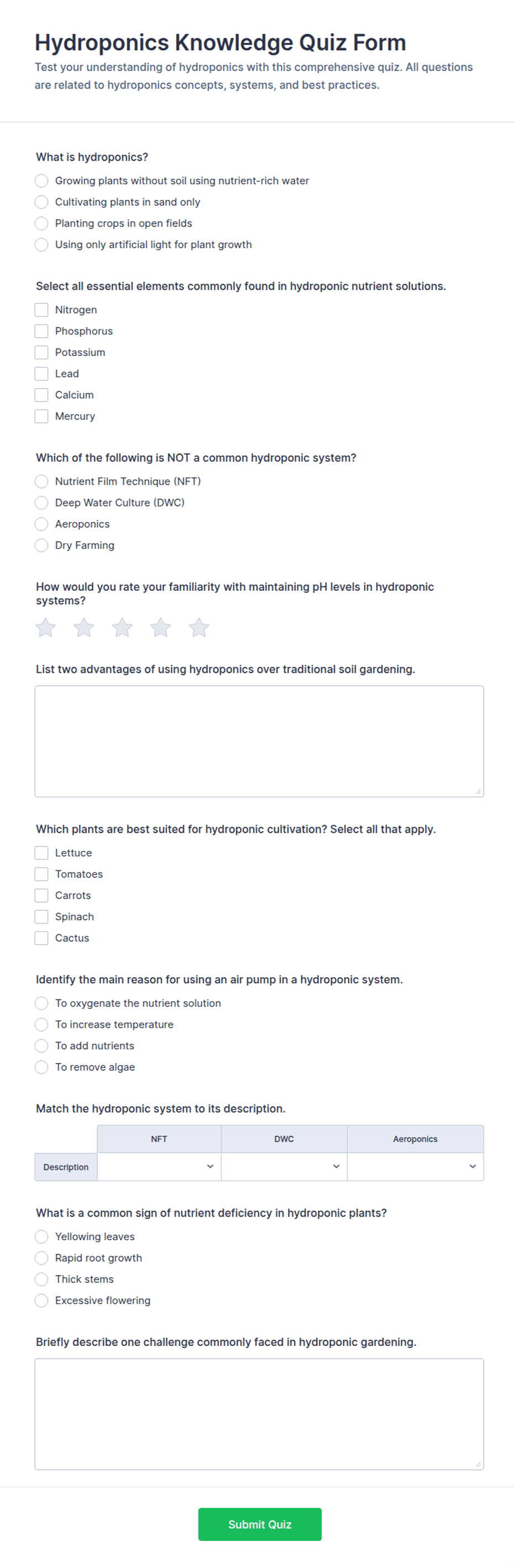 Hydroponics Knowledge Quiz Form Template | Jotform