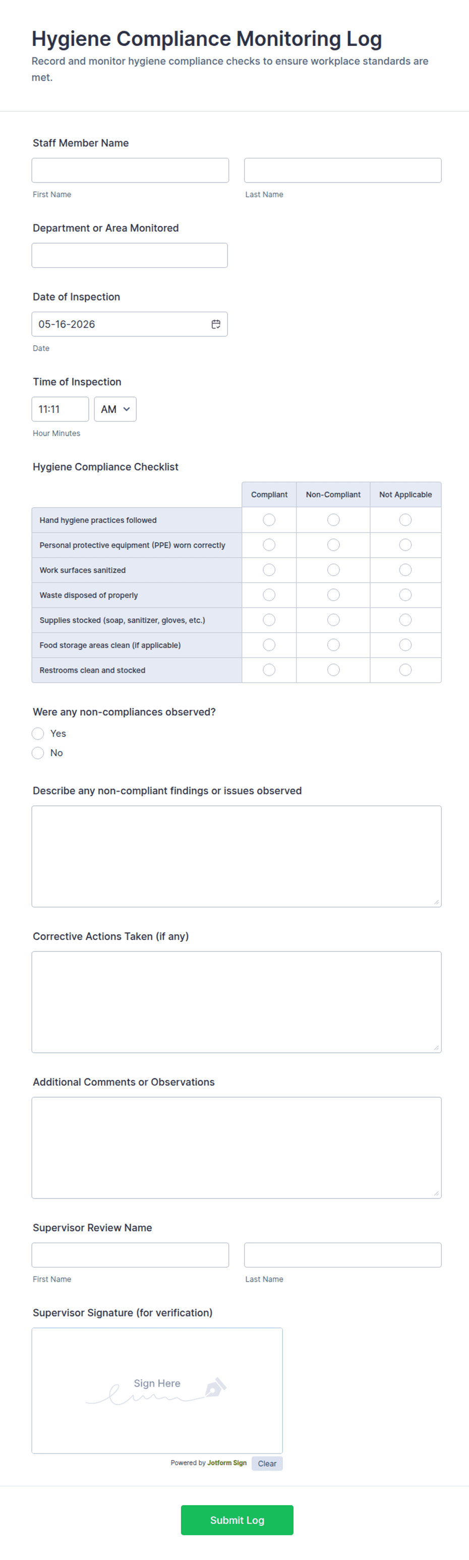 Hygiene Compliance Monitoring Log Form Template | Jotform