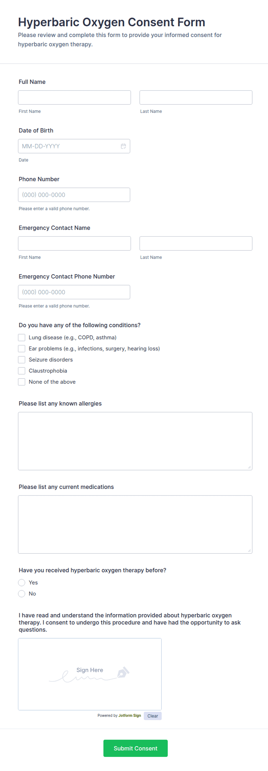 Hyperbaric Oxygen Consent Form Template | Jotform