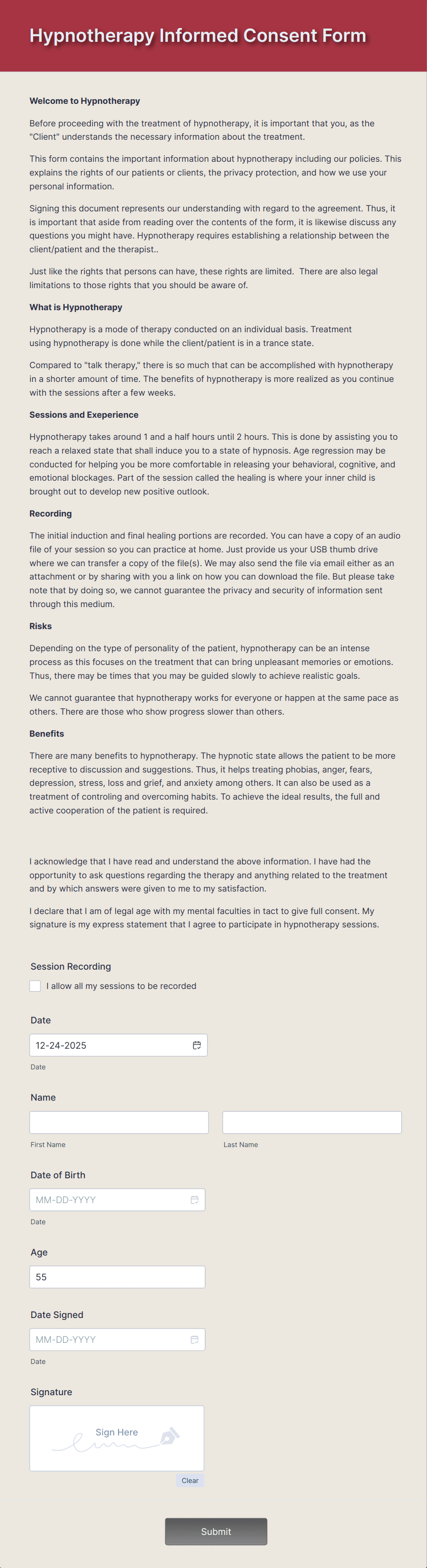 Hypnotherapy Informed Consent Form Template | Jotform