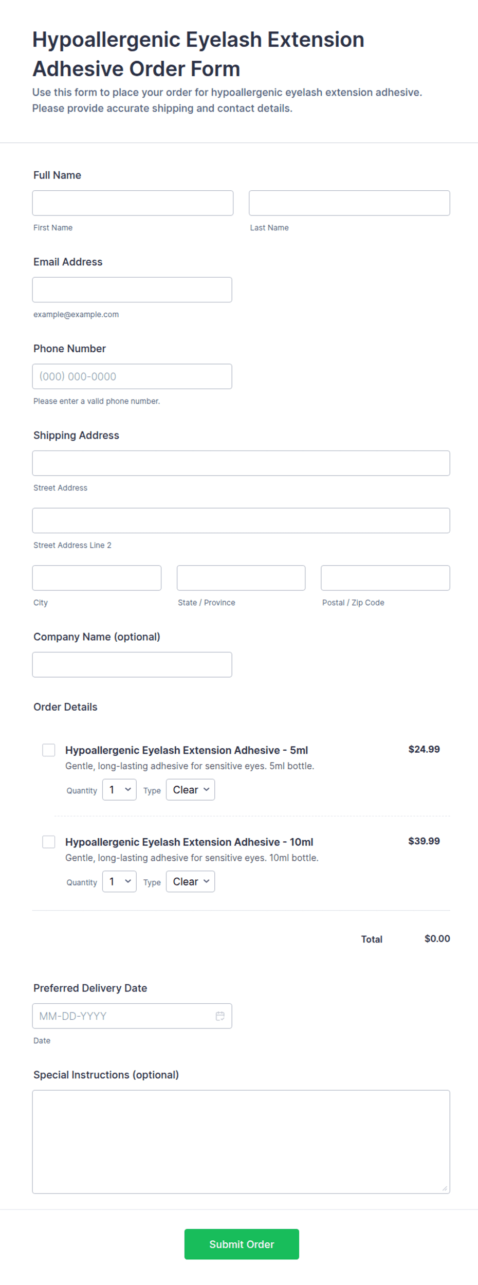 Hypoallergenic Eyelash Extension Adhesive Order Form Template | Jotform