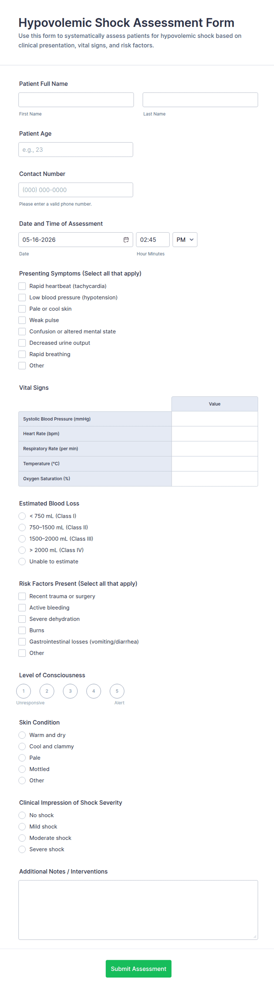 Hypovolemic Shock Assessment Form Template | Jotform