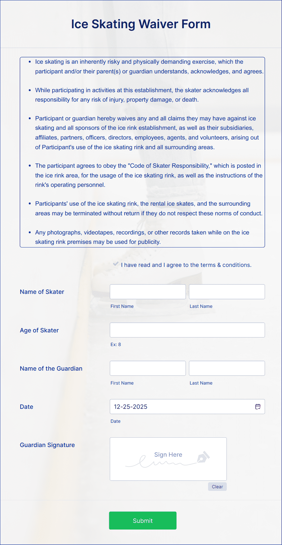 Ice Skating Waiver Form Template | Jotform