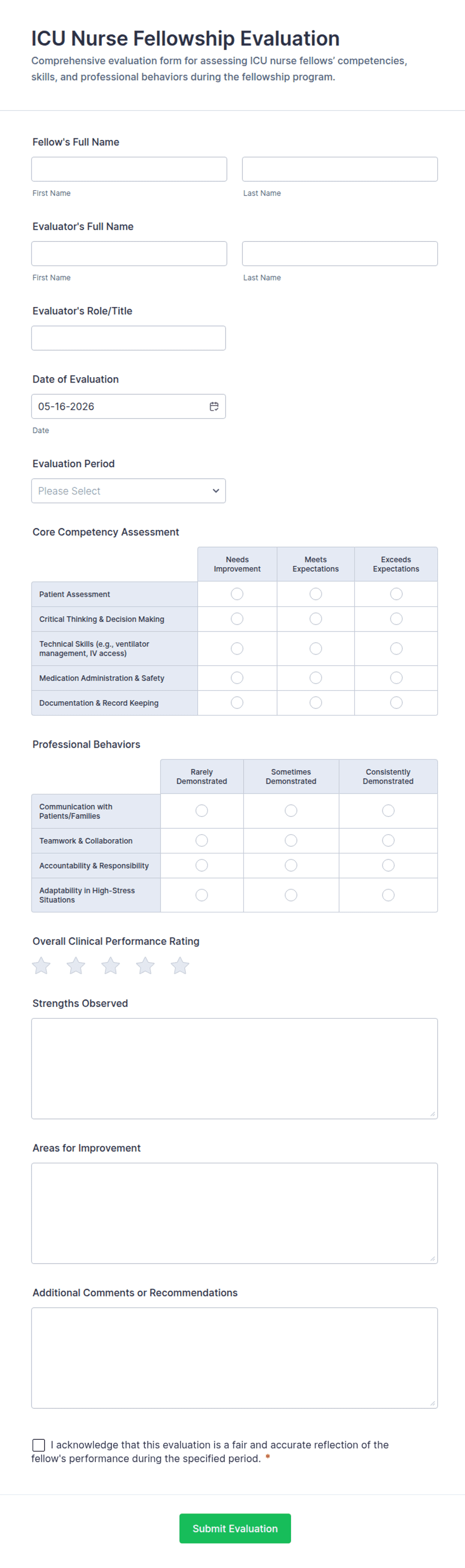 ICU Nurse Fellowship Evaluation Form Template | Jotform