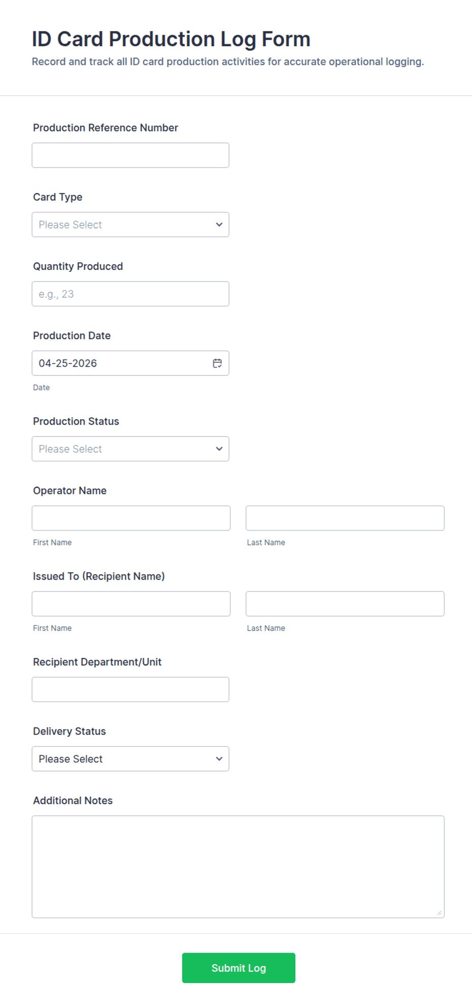 ID Card Production Log Form Template | Jotform