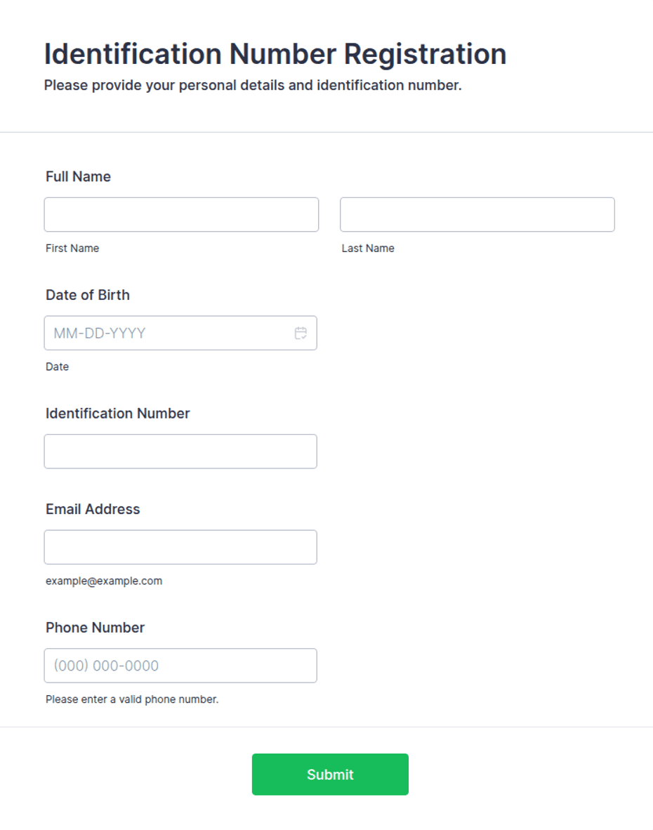 Identification Number Registration Form Template | Jotform