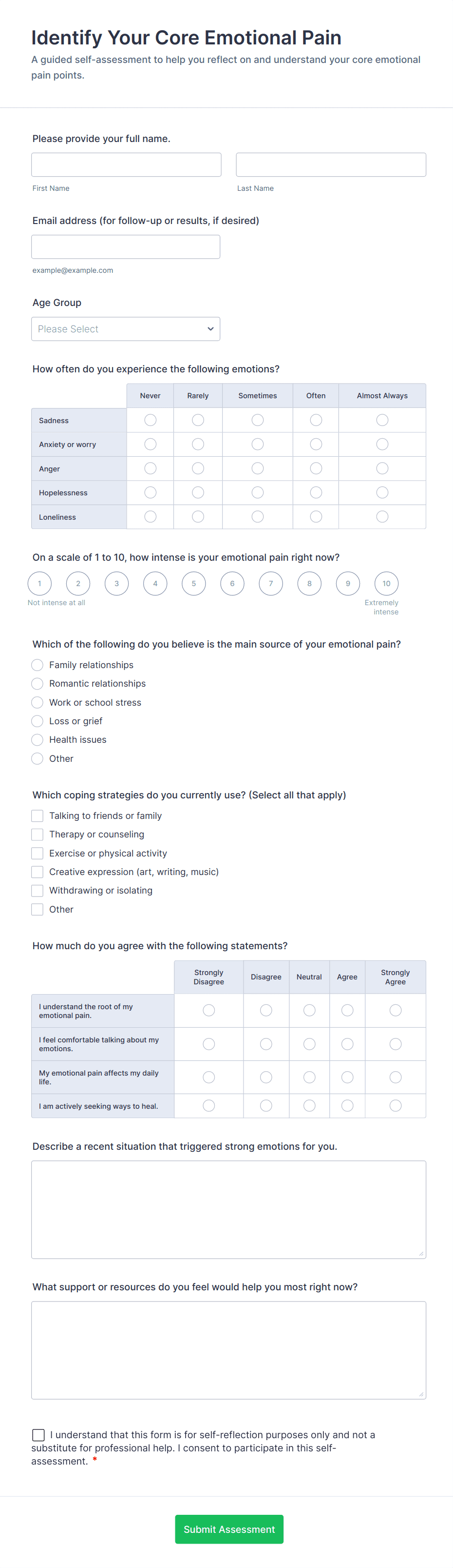 Identify Your Core Emotional Pain Form Template | Jotform