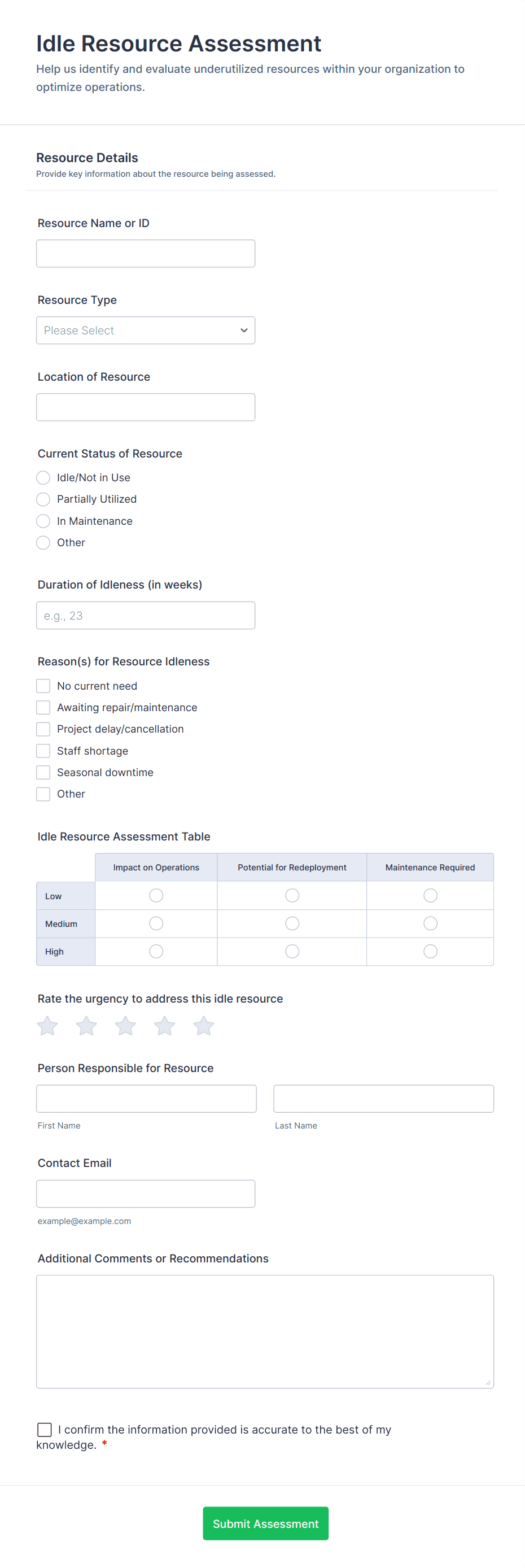 Idle Resource Assessment Form Template | Jotform
