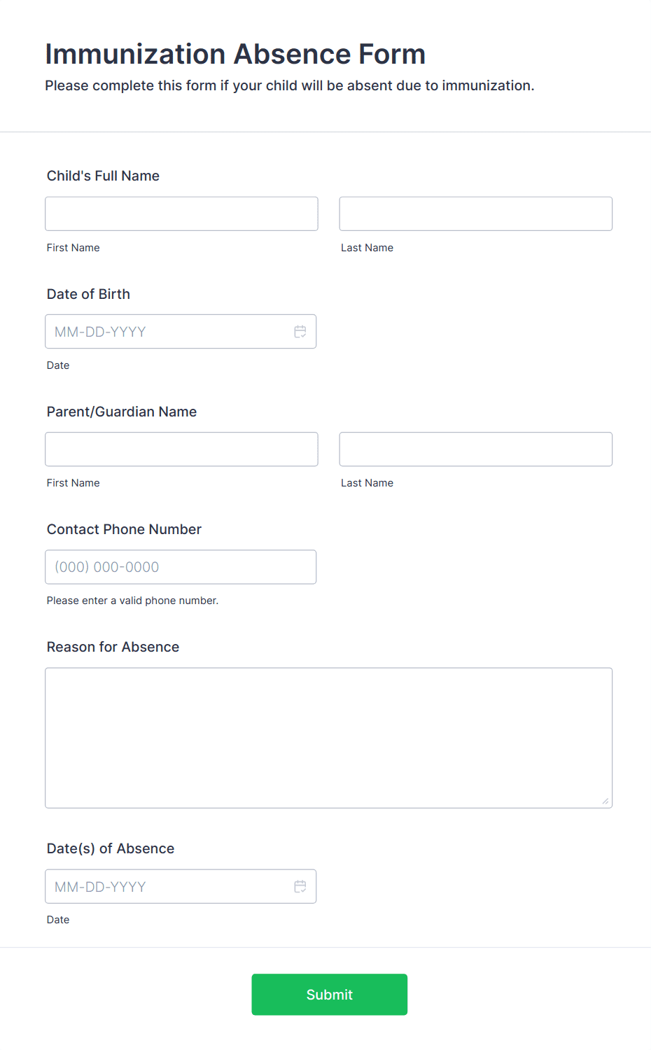 Immunization Absence Form Template | Jotform
