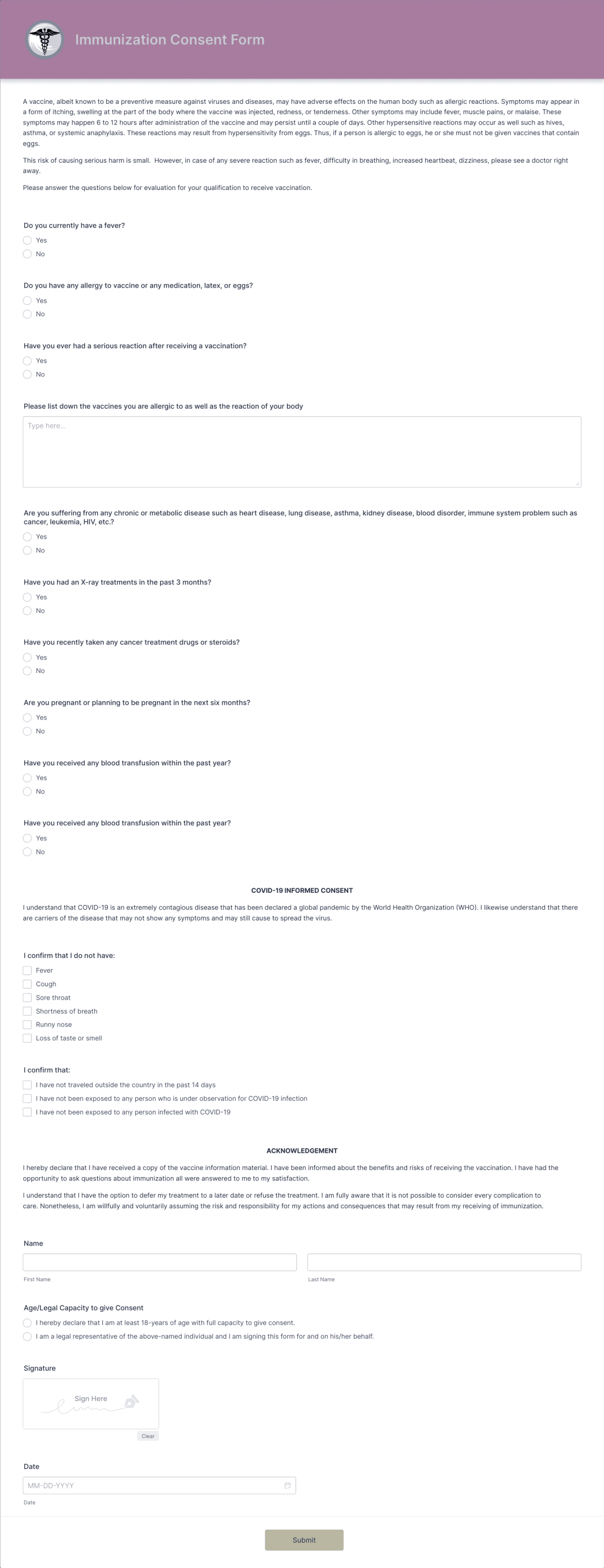 Immunization Consent Form Template | Jotform