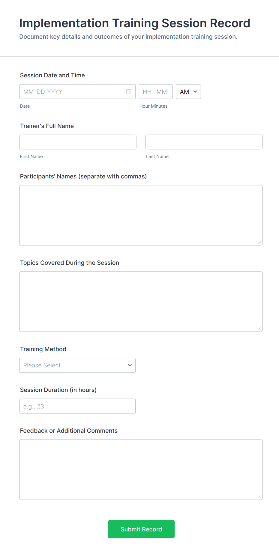 Implementation Training Session Record Form Template | Jotform
