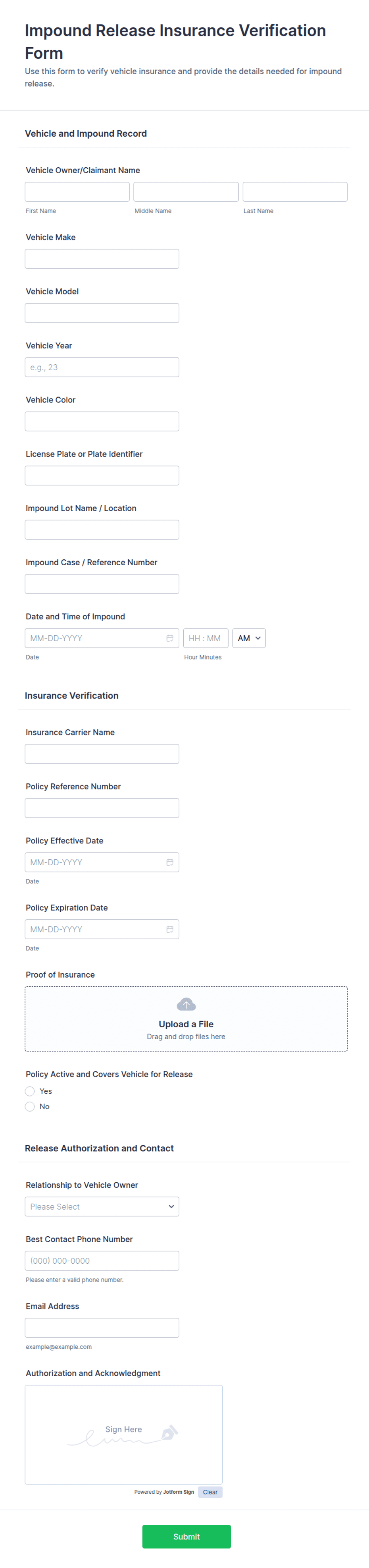Impound Release Insurance Verification Form Template | Jotform