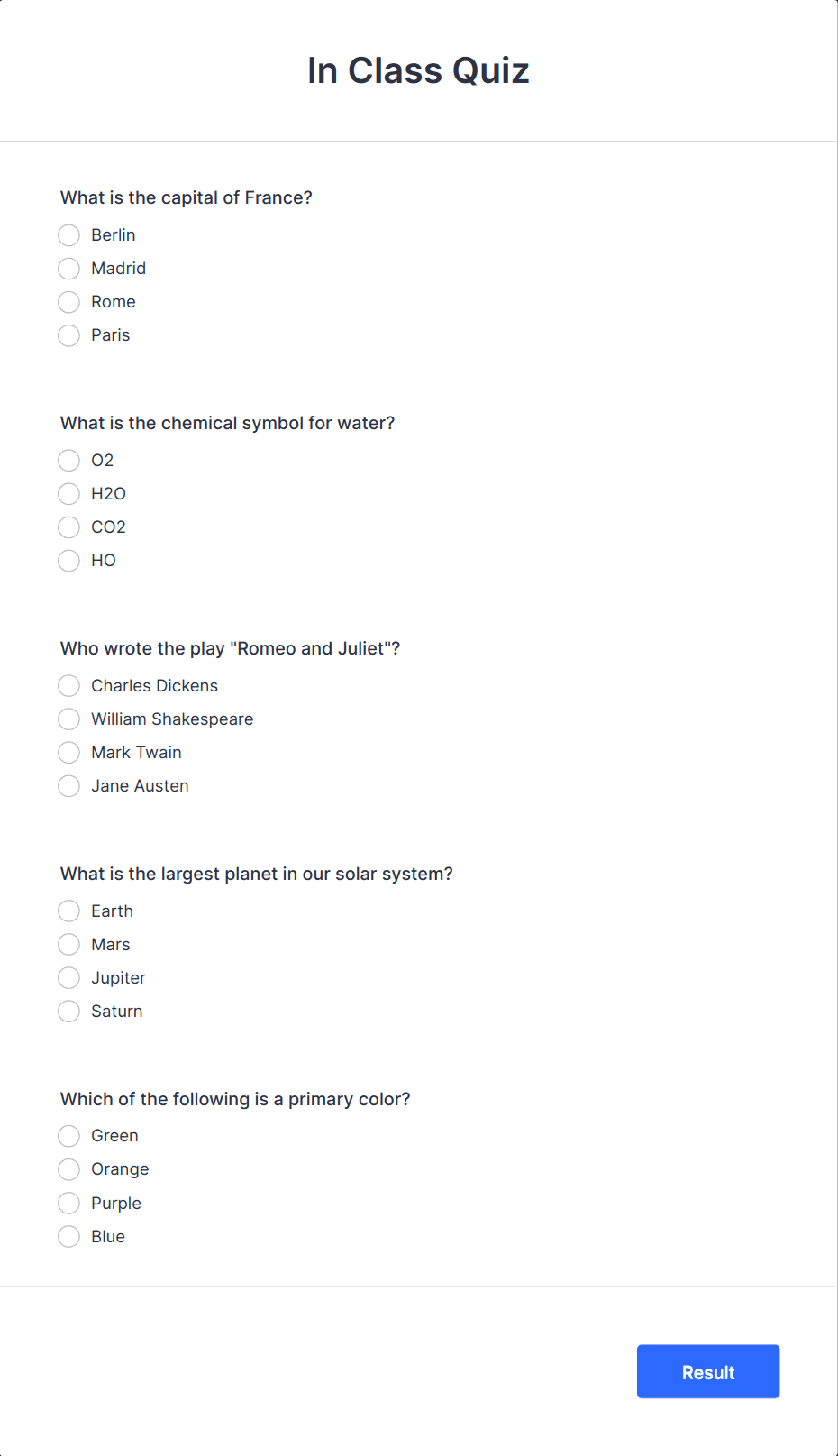 In Class Quiz Form Template | Jotform