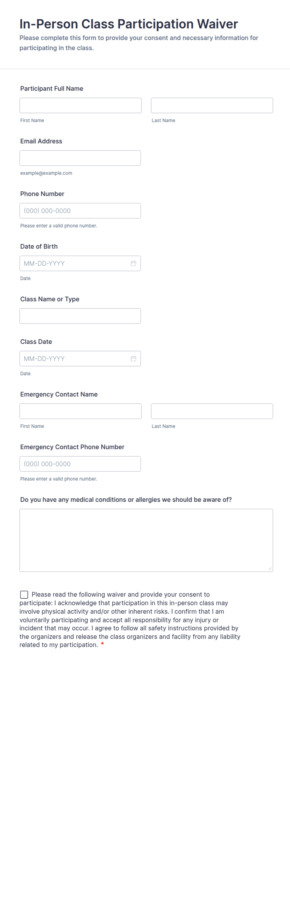 In-Person Class Participation Waiver Form Template | Jotform