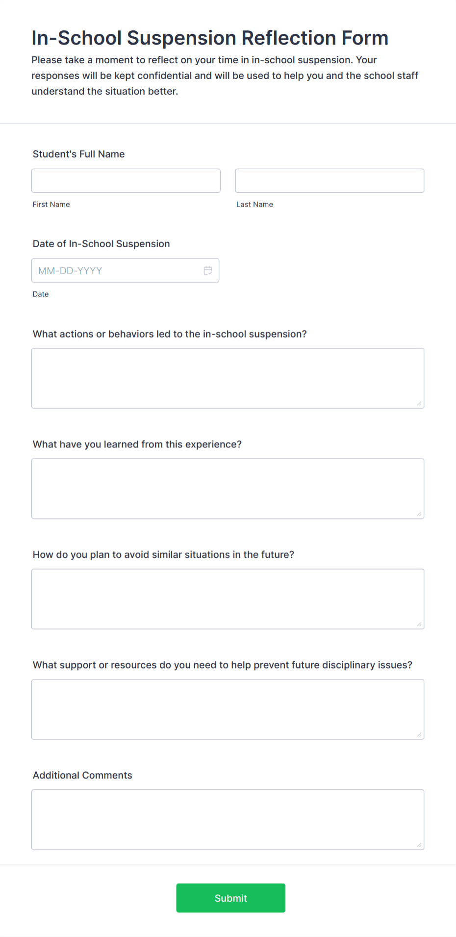 In-School Suspension Reflection Form Template | Jotform