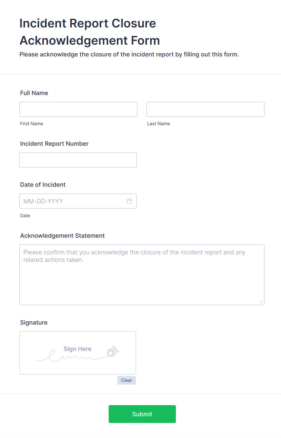 Incident Report Closure Acknowledgement Form Template | Jotform