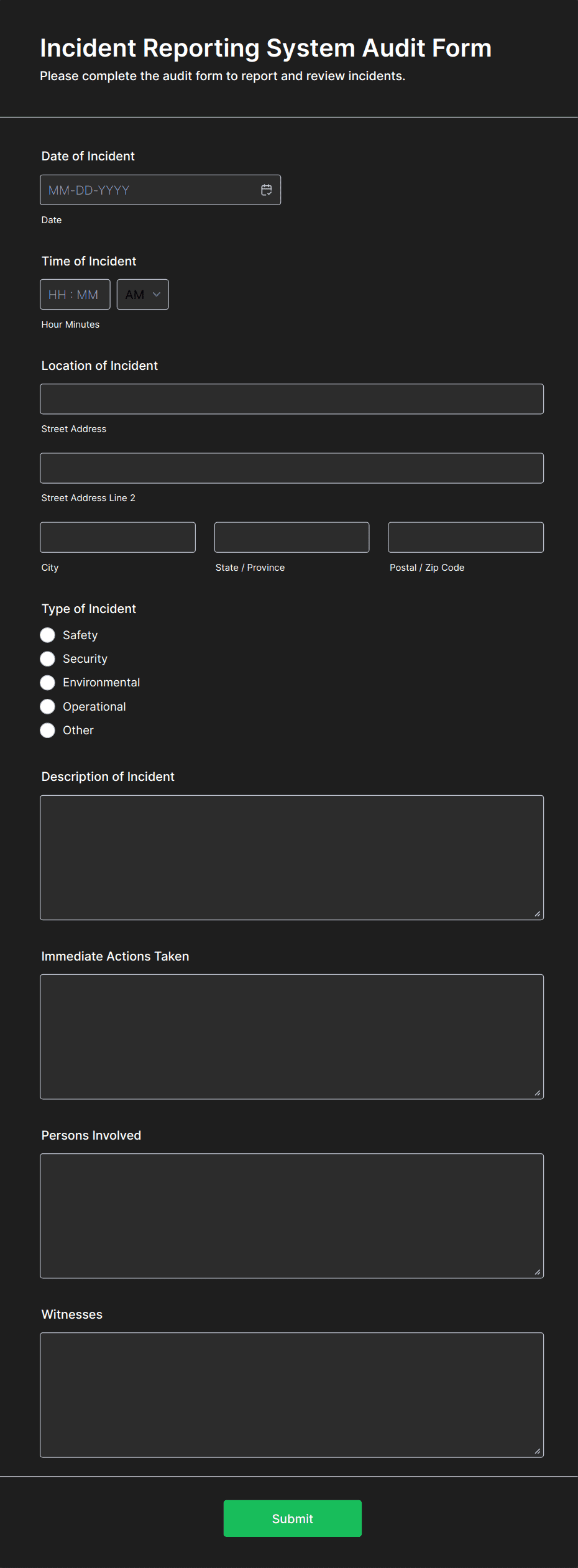 Incident Reporting System Audit Form Template | Jotform