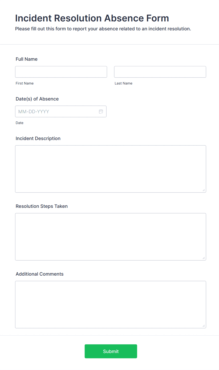Incident Resolution Absence Form Template | Jotform