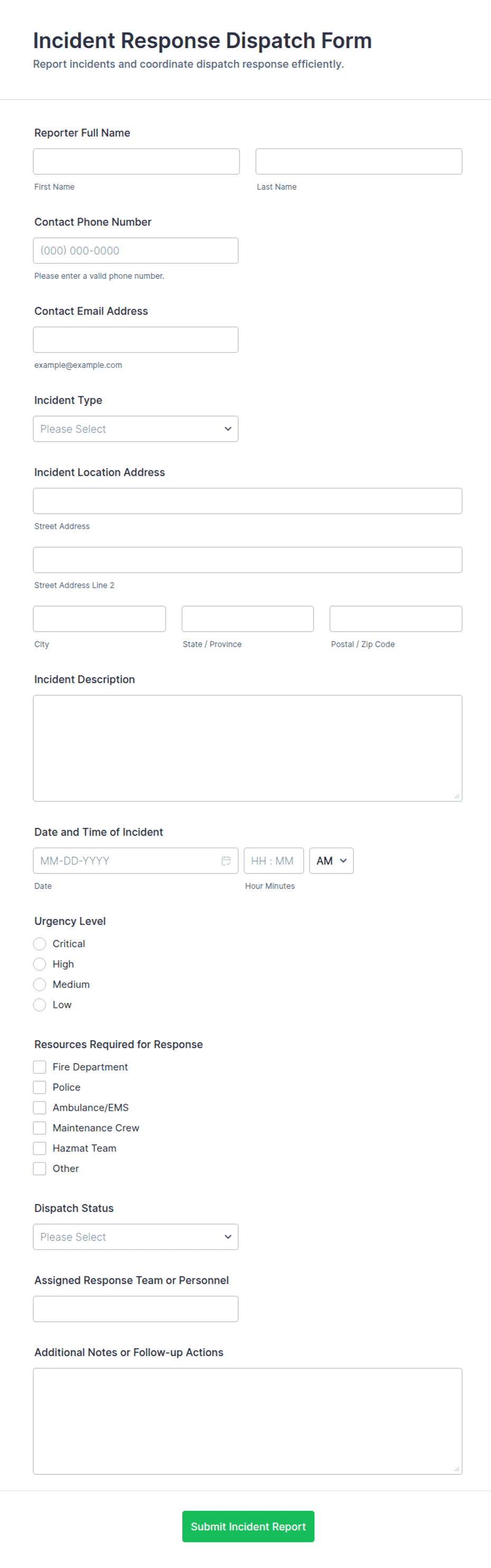 Incident Response Dispatch Form Template | Jotform