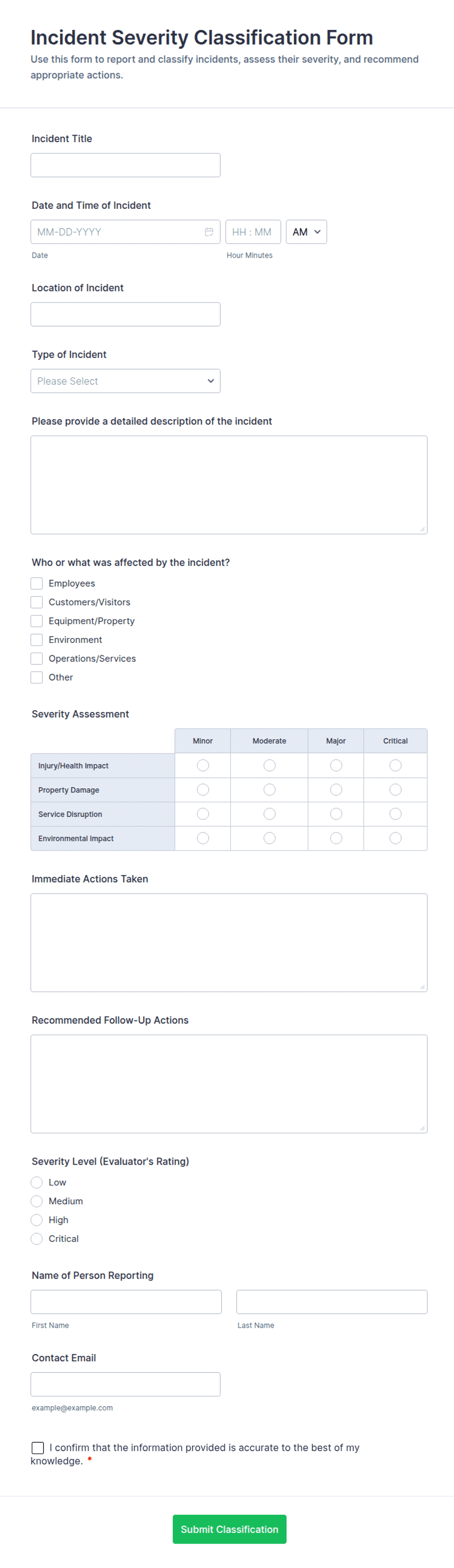 Incident Severity Classification Form Template | Jotform