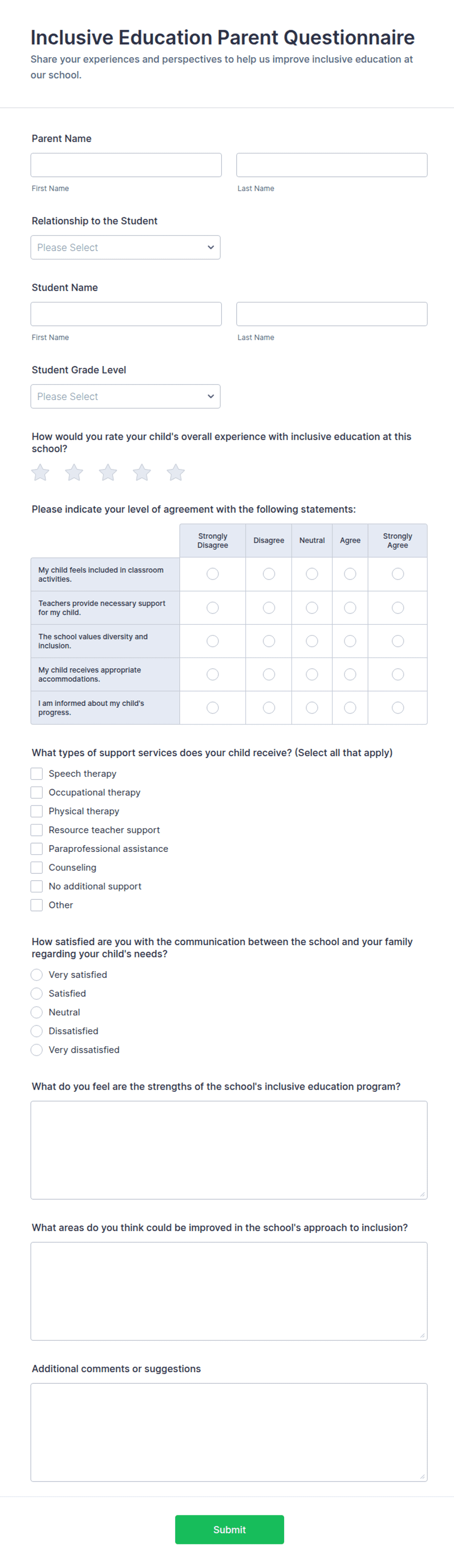 Inclusive Education Parent Questionnaire Form Template | Jotform