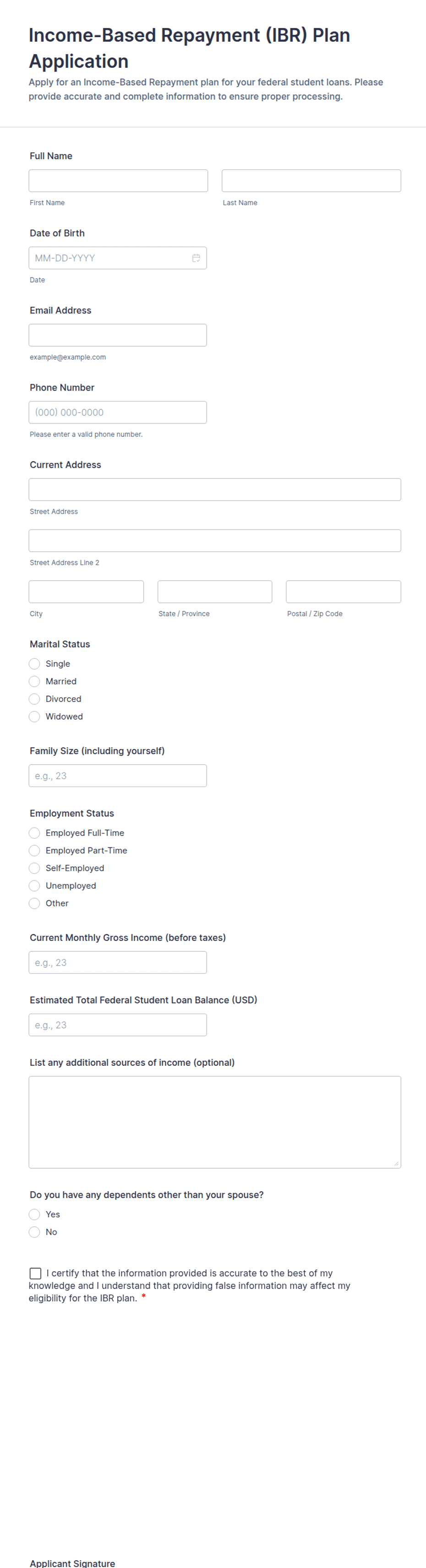 Income-Based Repayment (IBR) Plan Application Form Template | Jotform