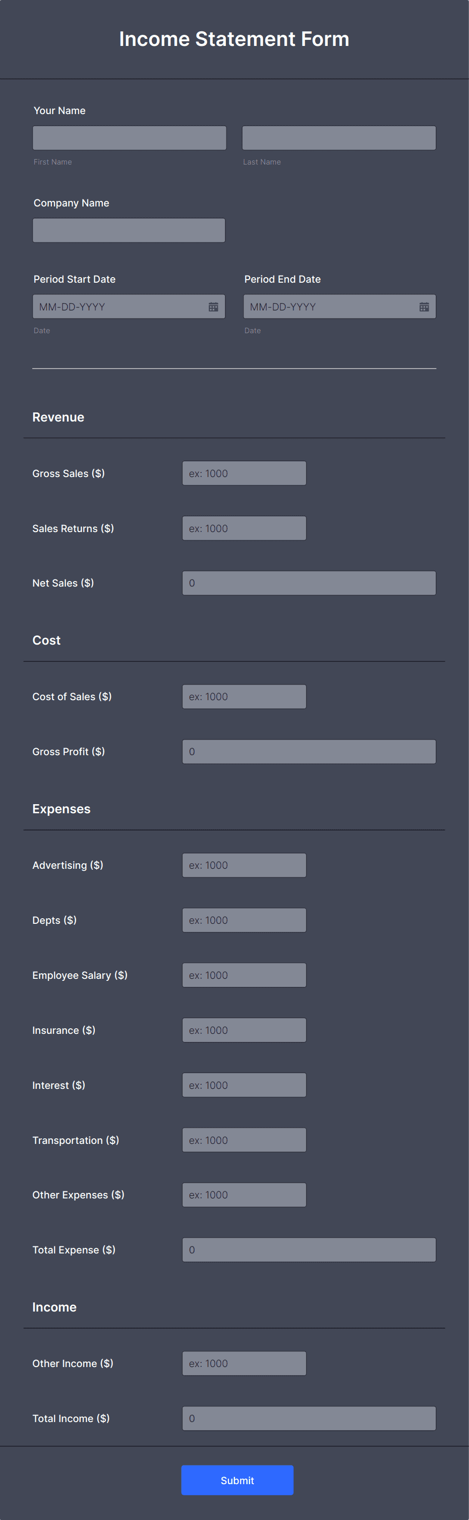 Income Statement Form Template | Jotform