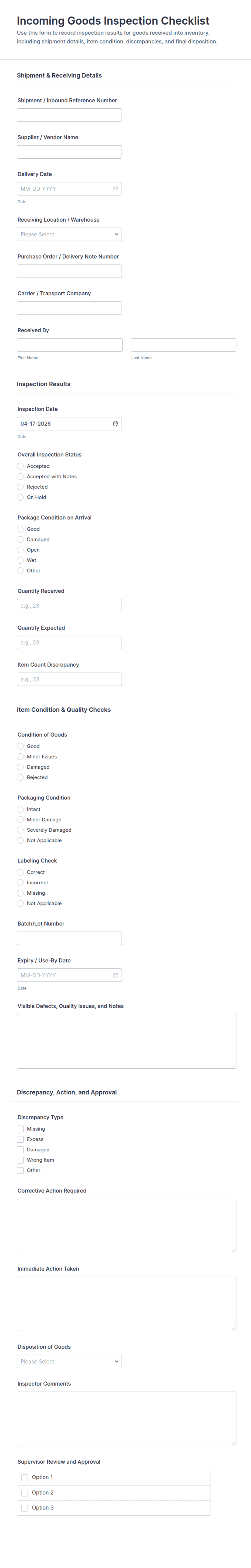 Incoming Goods Inspection Checklist Form Template | Jotform