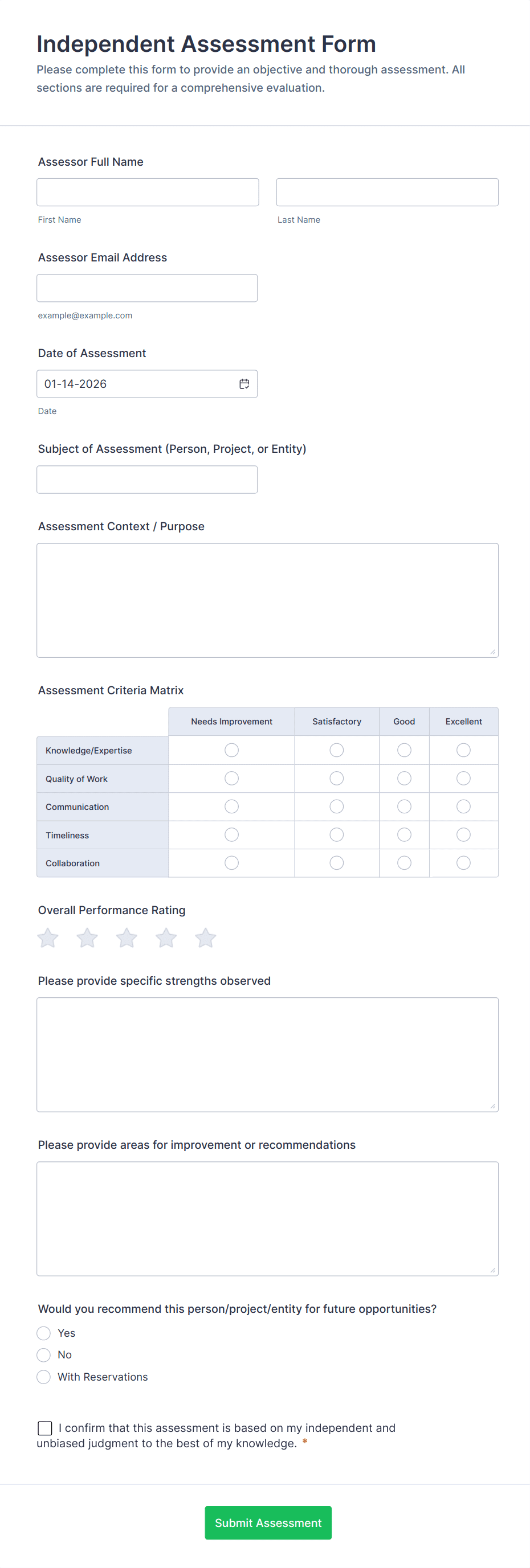 Independent Assessment Form Template | Jotform