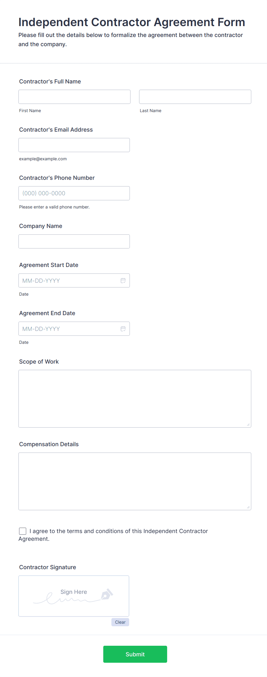 Independent Contractor Agreement Form Template | Jotform