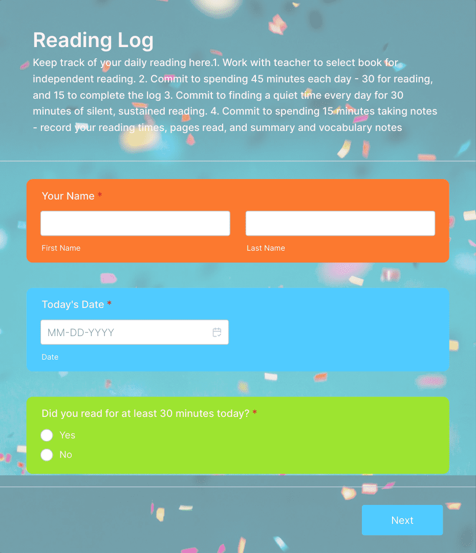 Independent Reading Log Form Template | Jotform