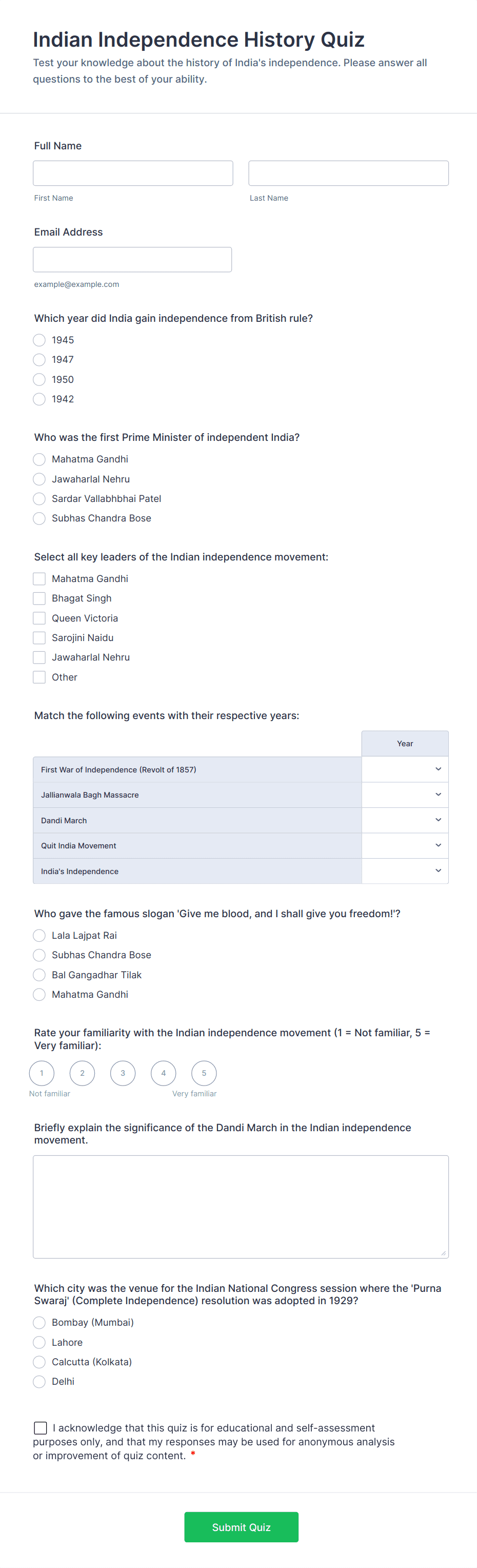 Indian Independence History Quiz Form Template | Jotform