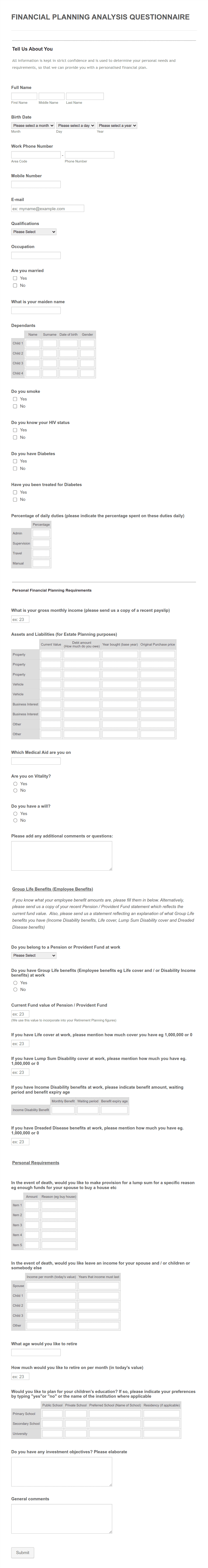 Indigo Brokers Financial Needs Analysis Questionnaire Form Template ...