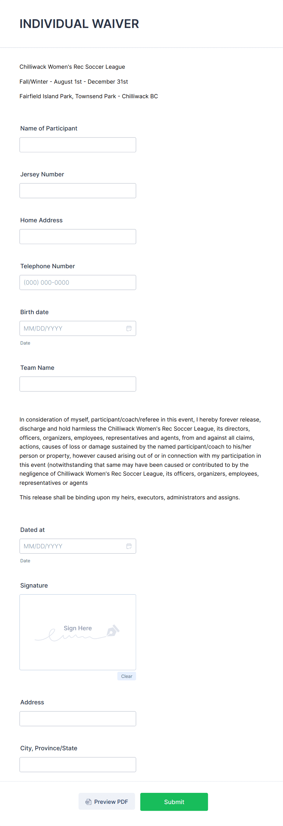 INDIVIDUAL WAIVER Form Template | Jotform