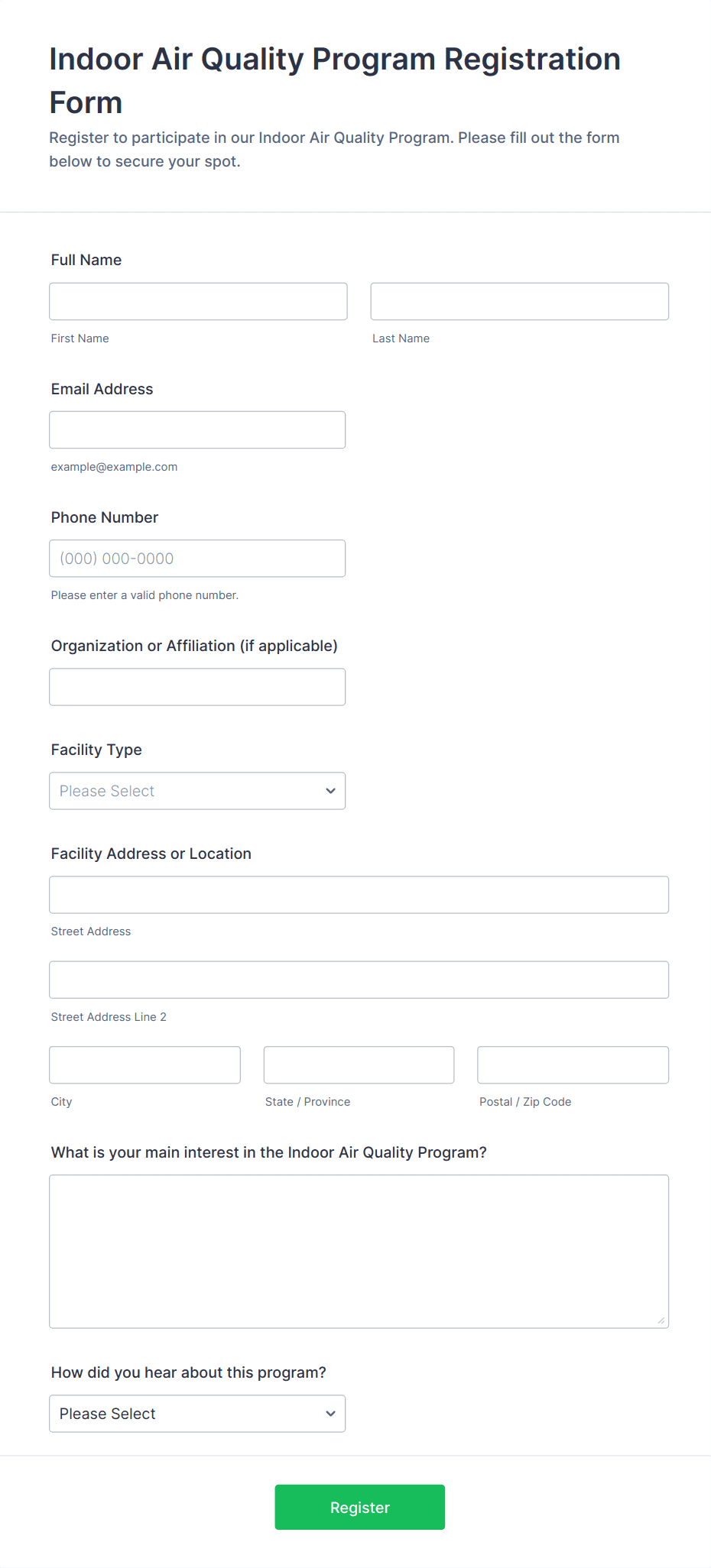 Indoor Air Quality Program Registration Form Template | Jotform