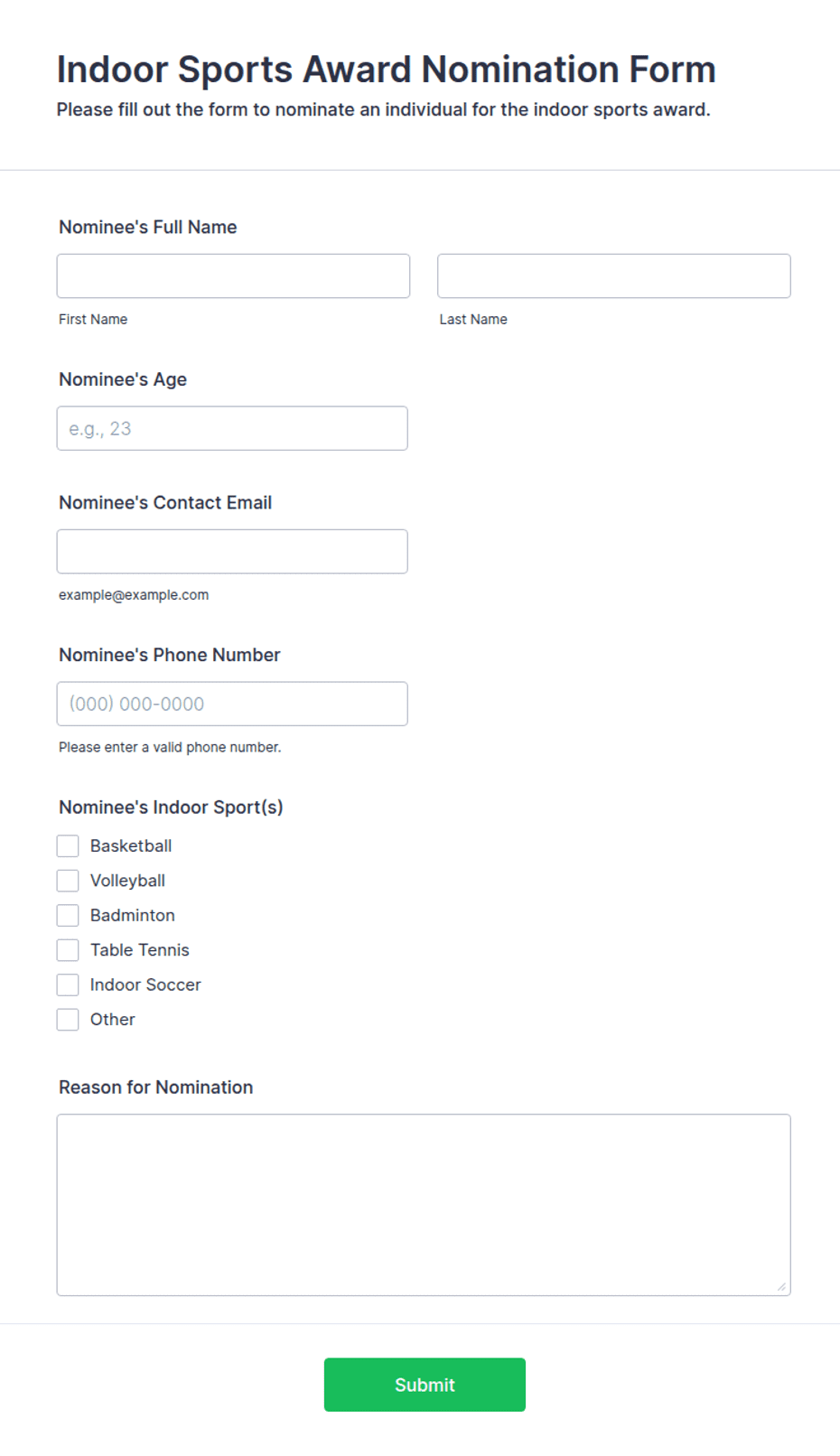 Indoor Sports Award Nomination Form Template | Jotform