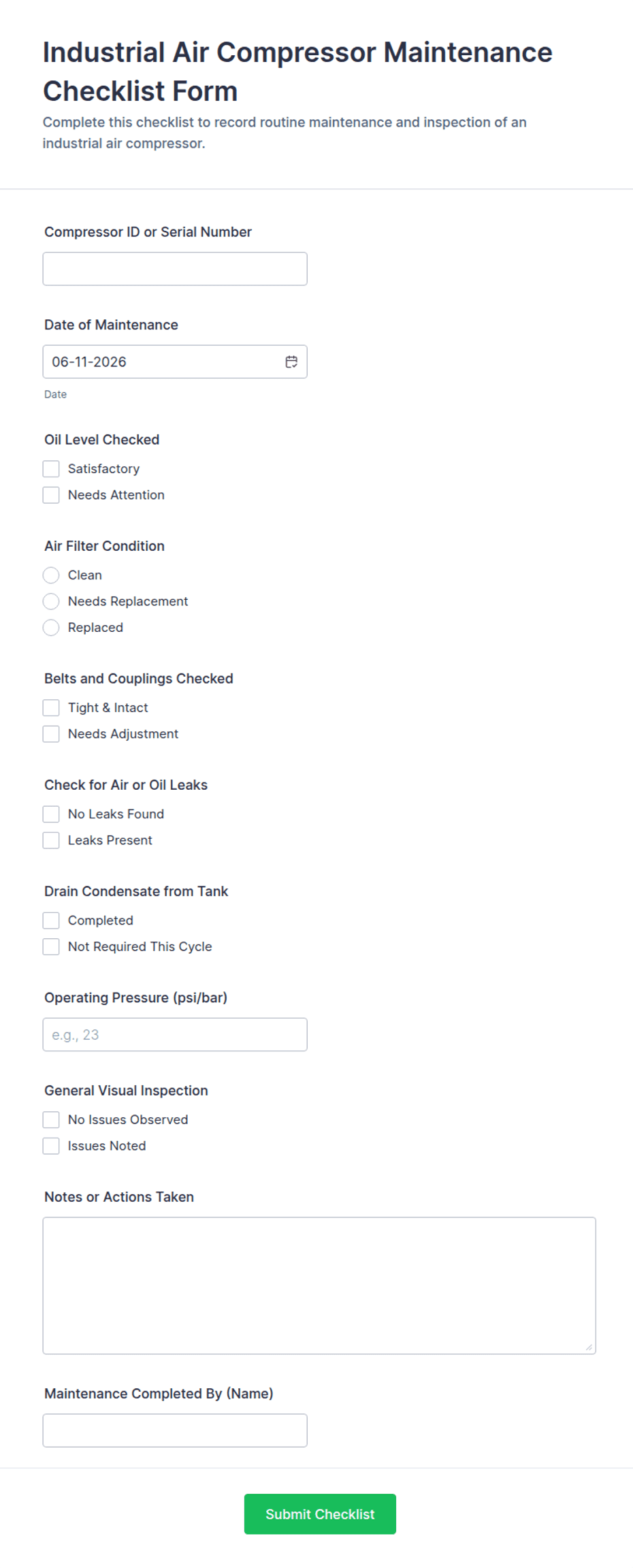 Industrial Air Compressor Maintenance Checklist Form Template | Jotform