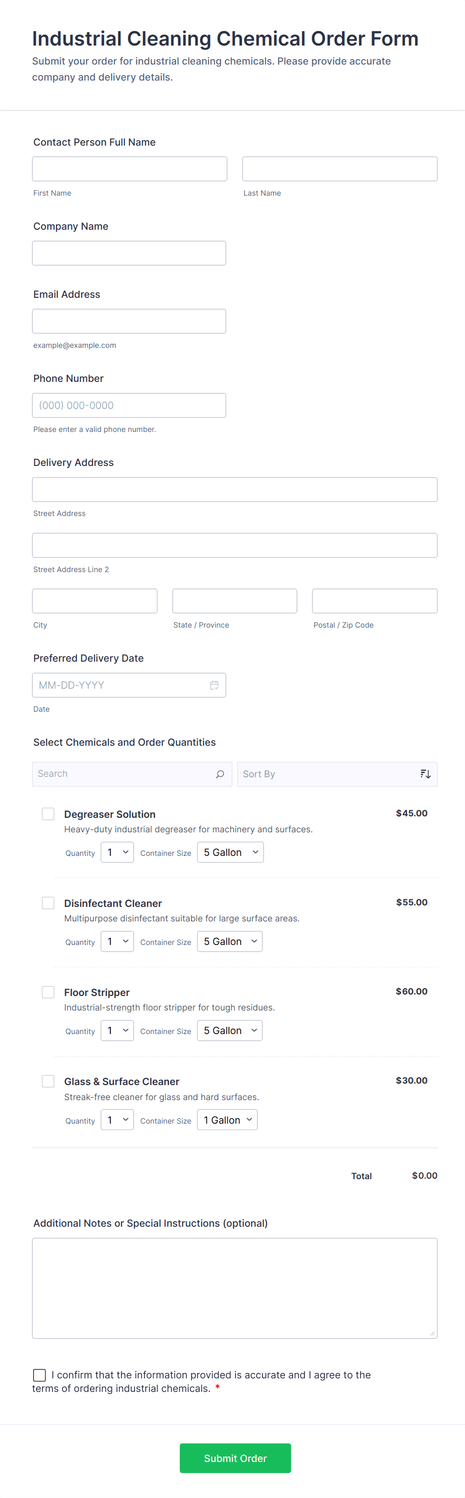 Industrial Cleaning Chemical Order Form Template | Jotform