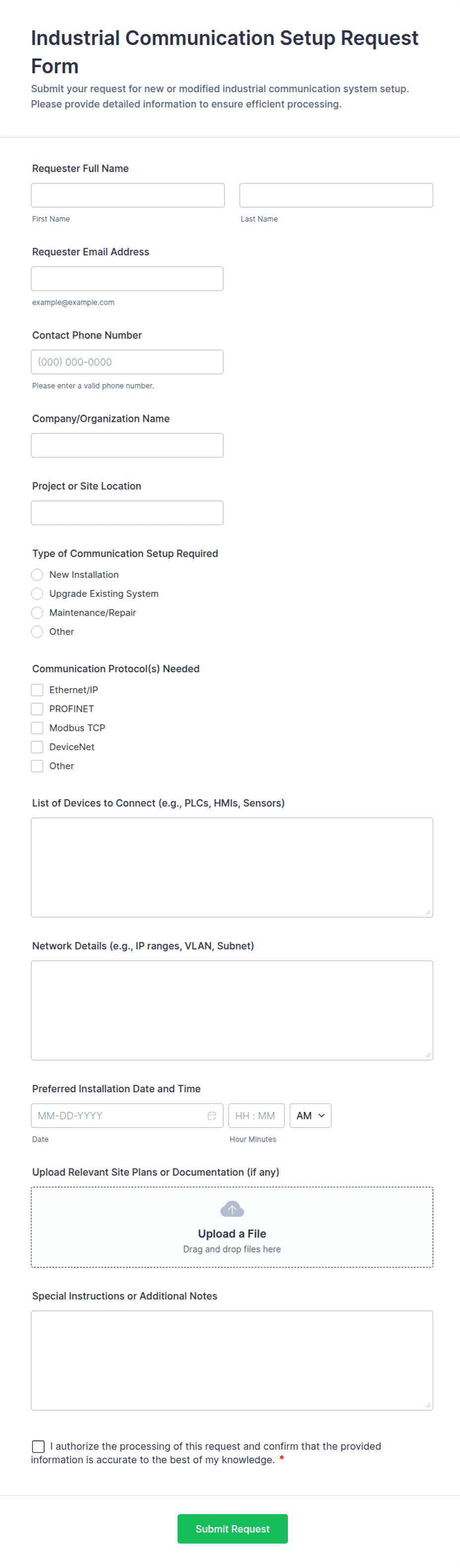 Industrial Communication Setup Request Form Template | Jotform